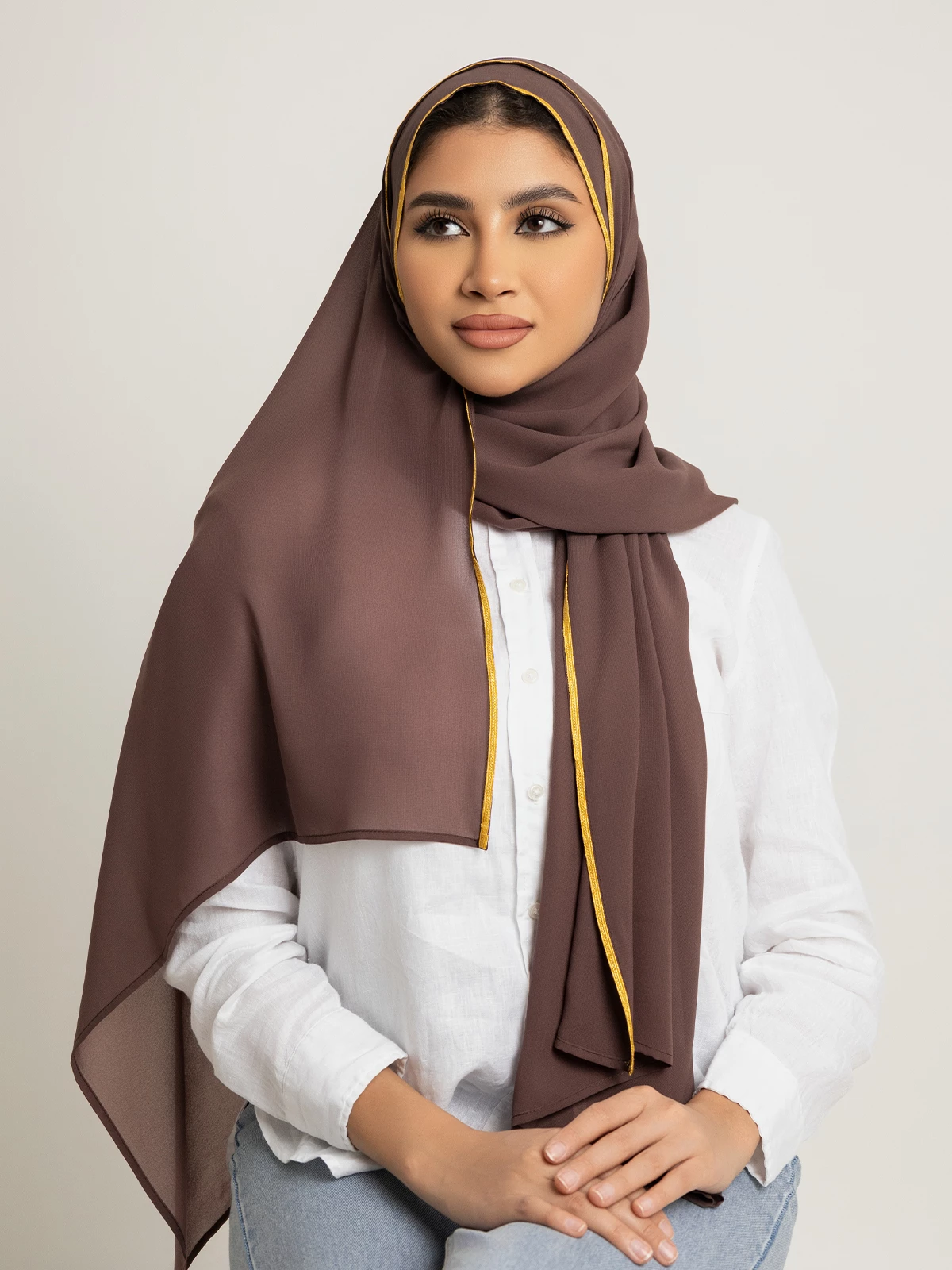 Latest Abayas, Clothing & Tarha Brown Meshlah Laser Tarha | Kaafmeem ...