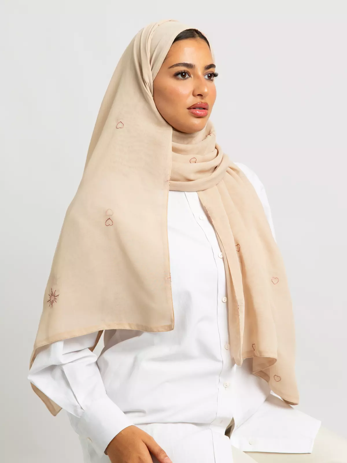 Latest Abayas, Clothing & Tarha Beige with Shining Hearts Voile Tarha ...