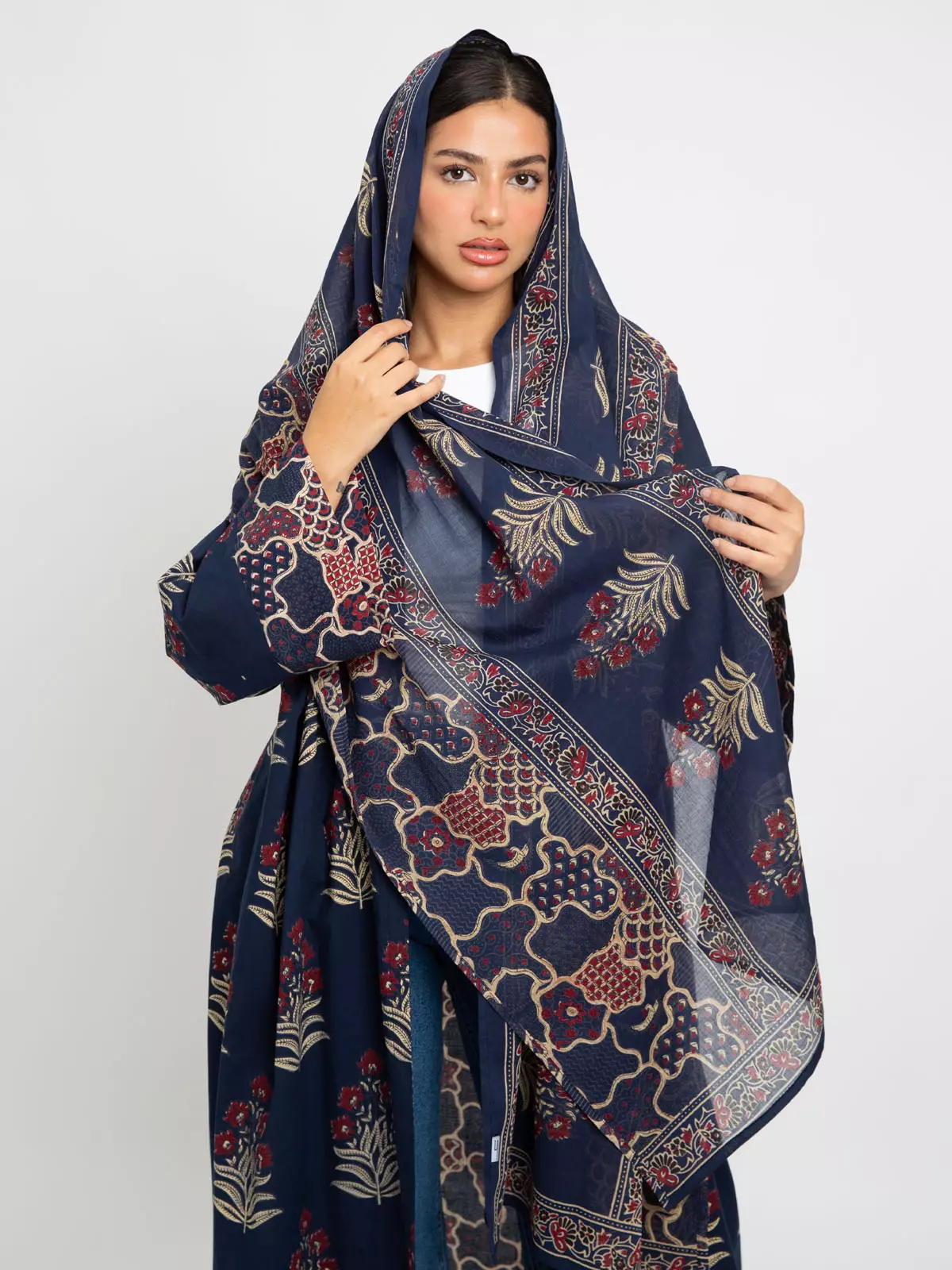 Latest Abayas, Clothing & Tarha Wide-cut Cotton Abaya | Navy Printed Abaya