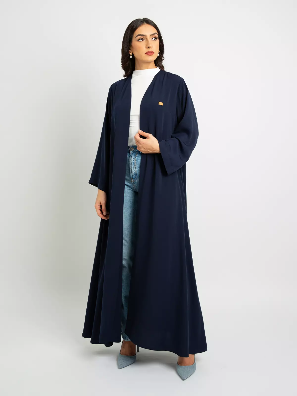 Latest Abayas, Clothing & Tarha A Cut Half Cloche Long Open Navy Abaya ...