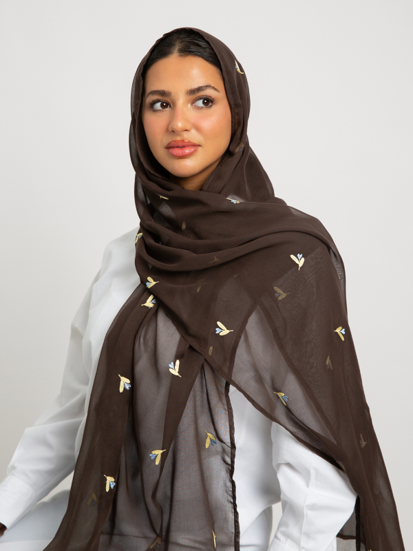 Latest Abayas, Clothing & Tarha Dark Brown Flowers Voile Tarha | Hijab