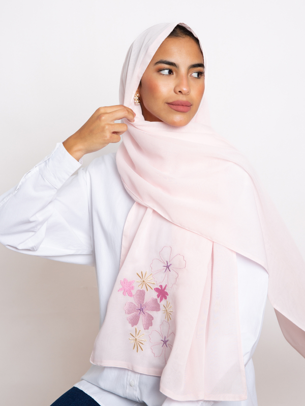 Kaafmeem: Latest Abayas, Clothing & Tarha Light Pink Flowers Voile ...