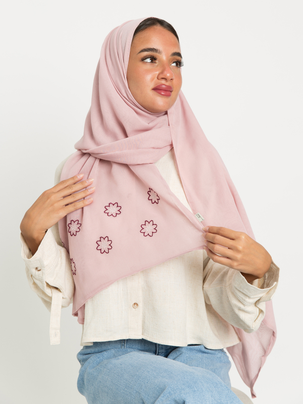 Latest Abayas, Clothing & Tarha Pink Embroidered Voile Tarha by Kaafmeem