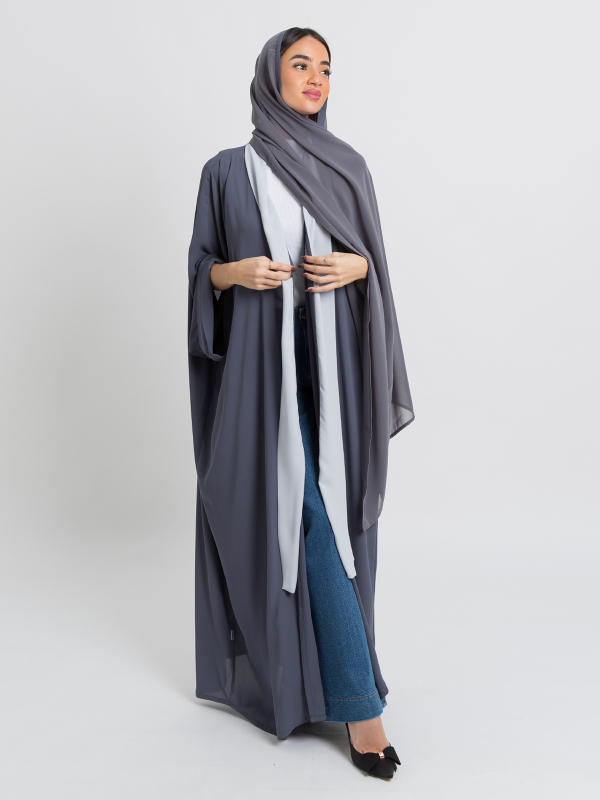 Latest Abayas, Clothing & Tarha Crepe Flowstyle Abaya | Gray and Gray Abaya