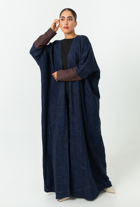 Latest Abayas, Clothing & Tarha Faces Embroidery Abaya | Navy Abaya