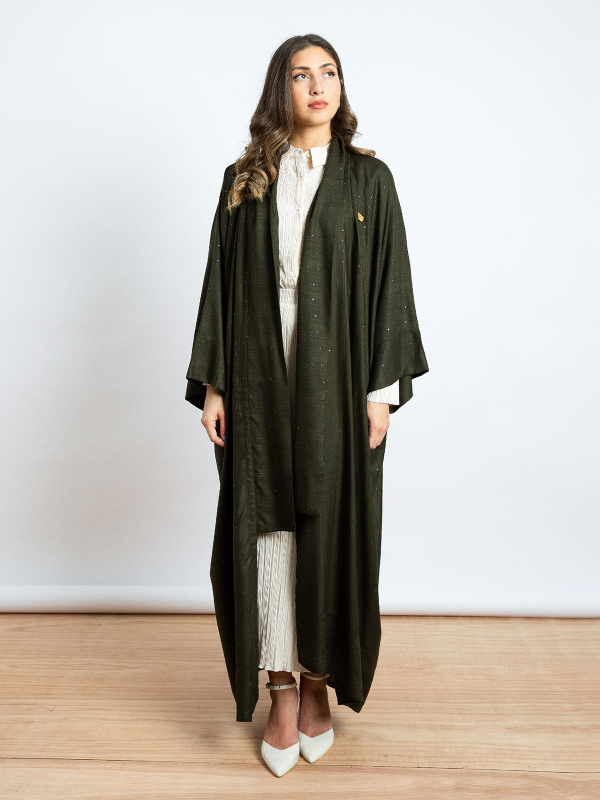 Latest Abayas, Clothing & Tarha Olive long abaya | lightweight fabric abaya